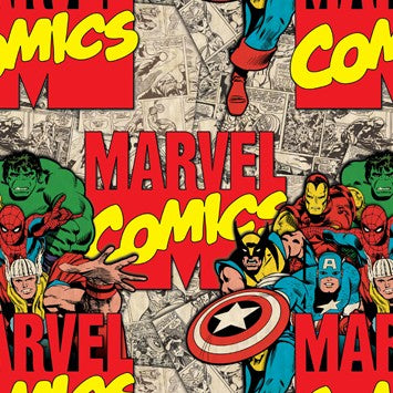 Marvel Retro Comics Logo in Multi by Camelot Cottons - Bunbury Fabrics